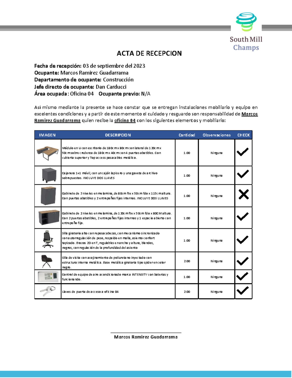 Acta de recepcion Oficina 4 - ACTA DE RECEPCION Fecha de recepción: 03 ...