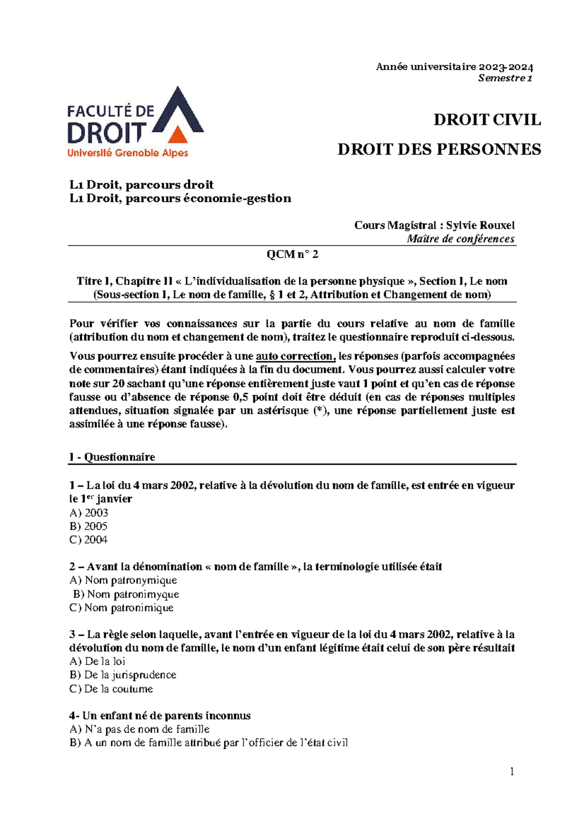 QCM n° 2 - Titre I, Chapitre II Lindividualisation de la personne ...