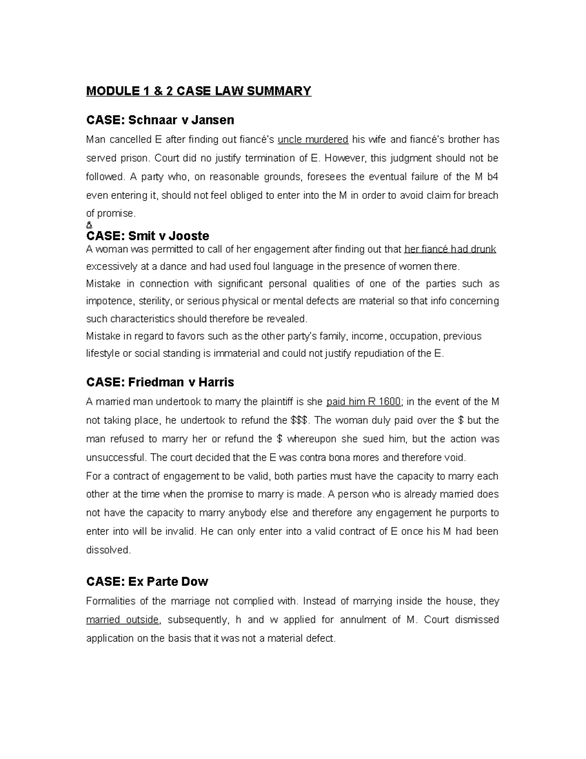 Family law cases summarised - MODULE 1 & 2 CASE LAW SUMMARY CASE ...