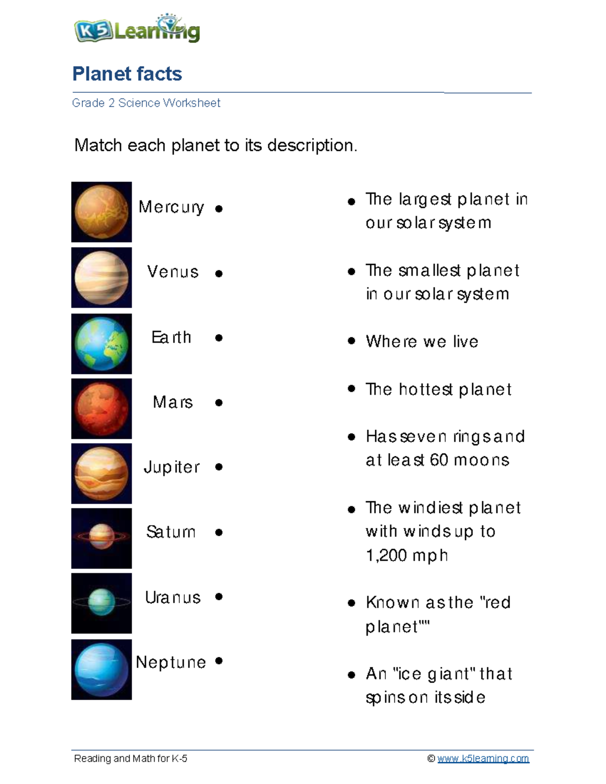 Grade 2 Assignment Planets - Reading and Math for K- 5 © k5learning ...