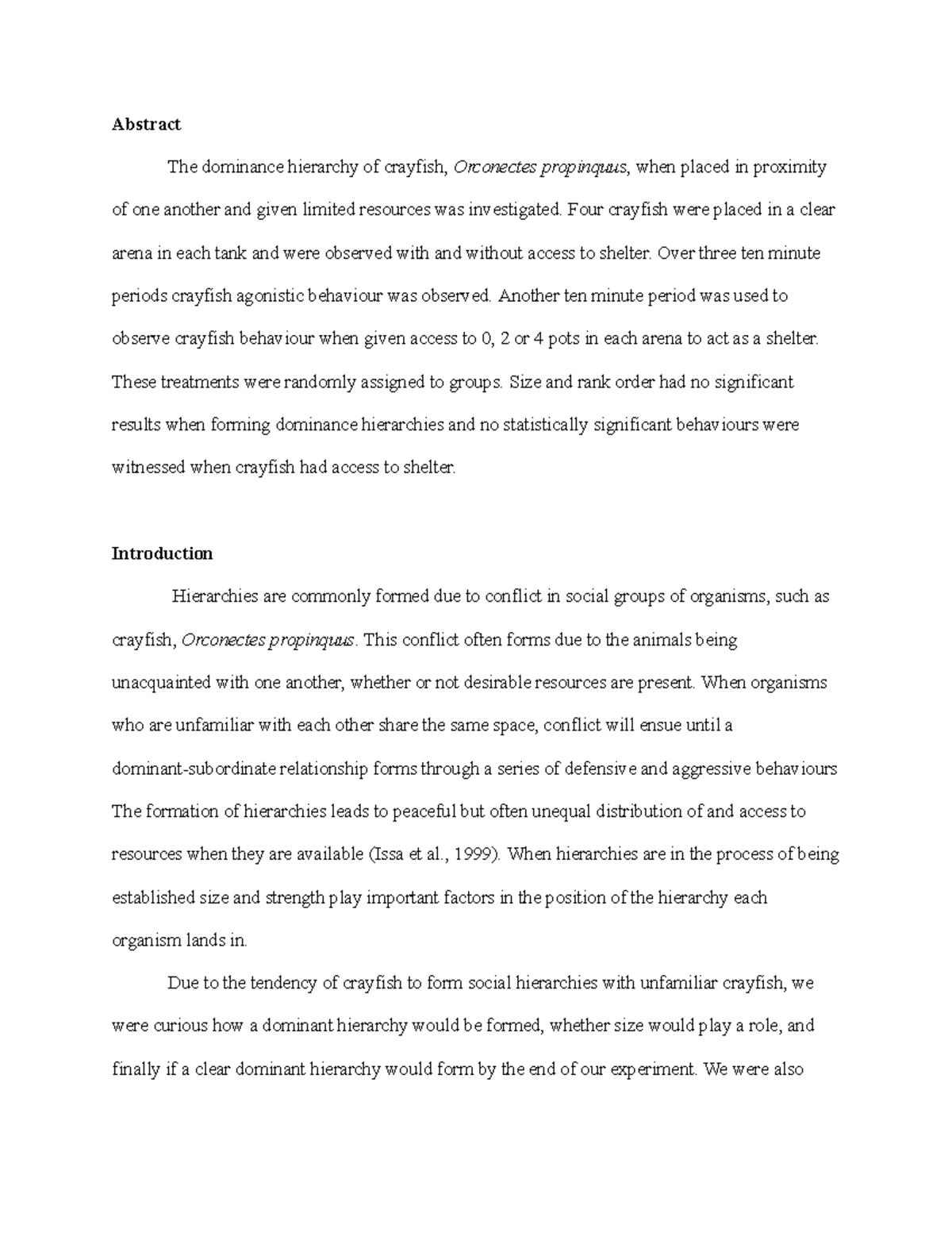 Animal behaviour Lab 2 - Abstract The dominance hierarchy of crayfish ...