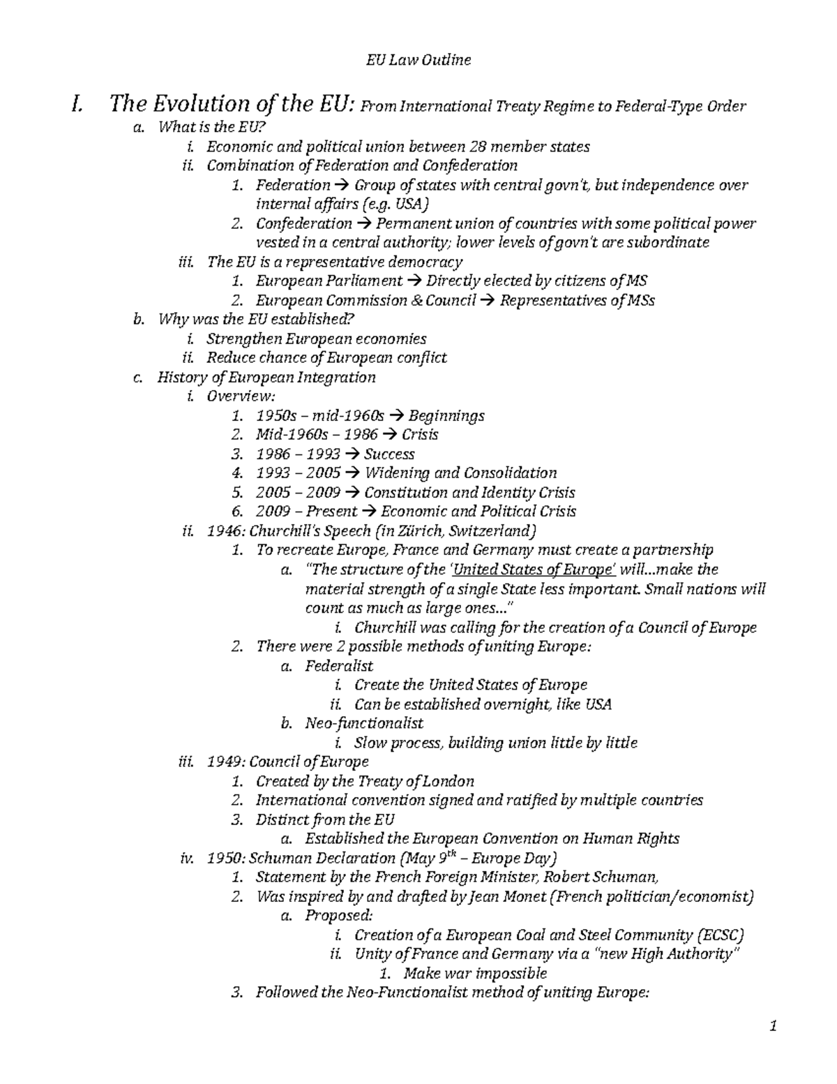 EU-Outline - Summary Intro To European Union Law - EU Law Outline I ...