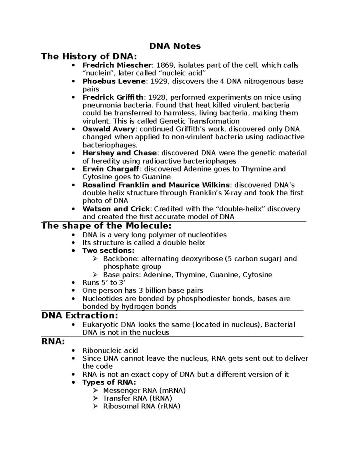 DNA Notes - DNA Notes The History of DNA: Fredrich Miescher: 1869 ...