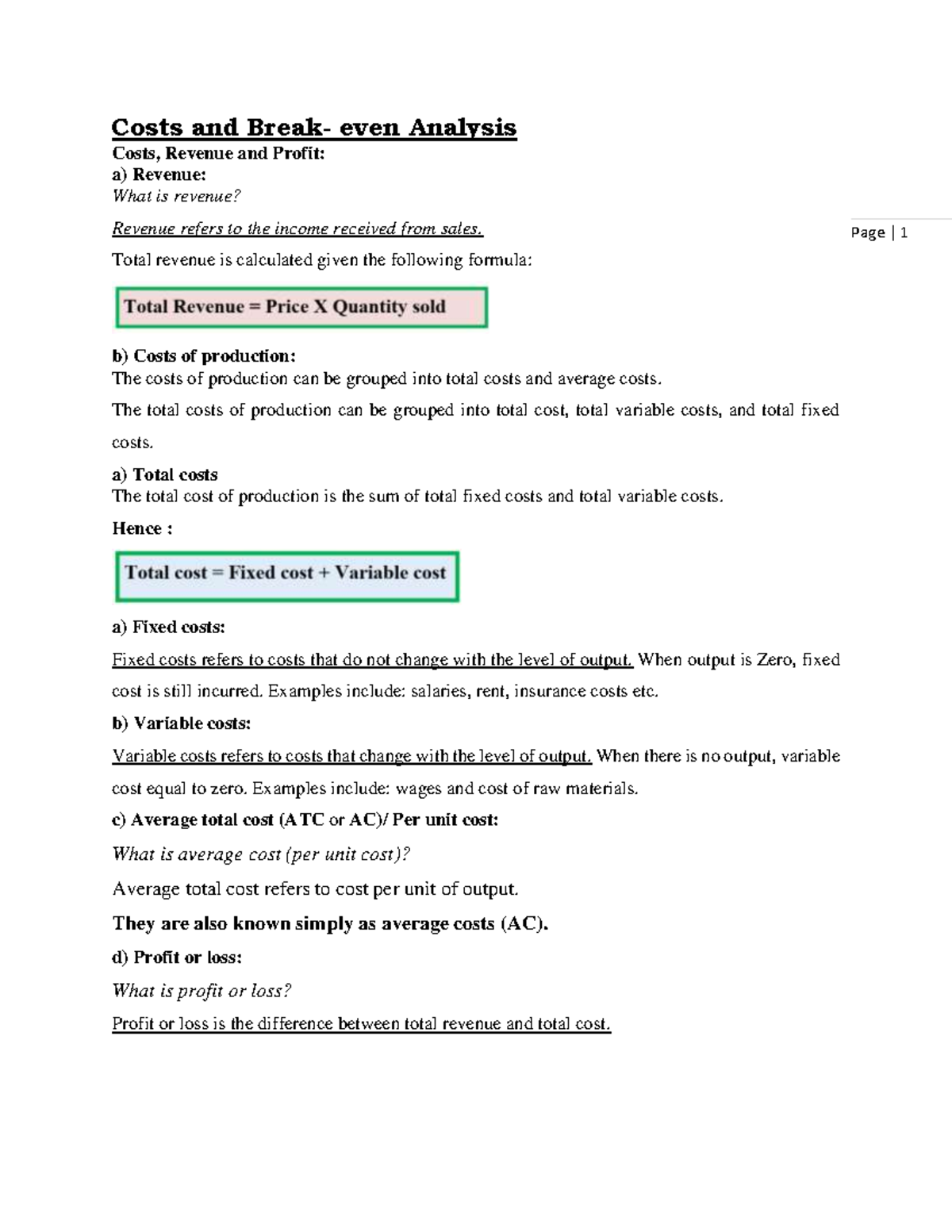Costs and Break Analysis - Page | 1 Costs and Break- even Analysis ...