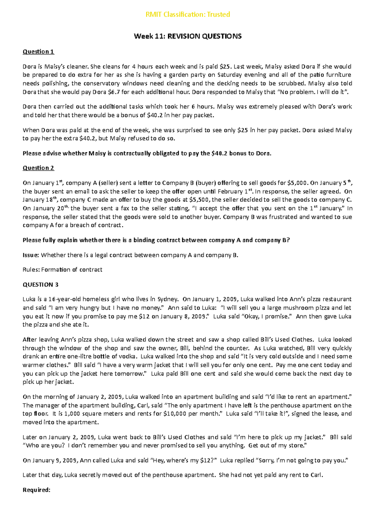 Week 11 Revision Questions - Week 11: REVISION QUESTIONS Question 1 ...