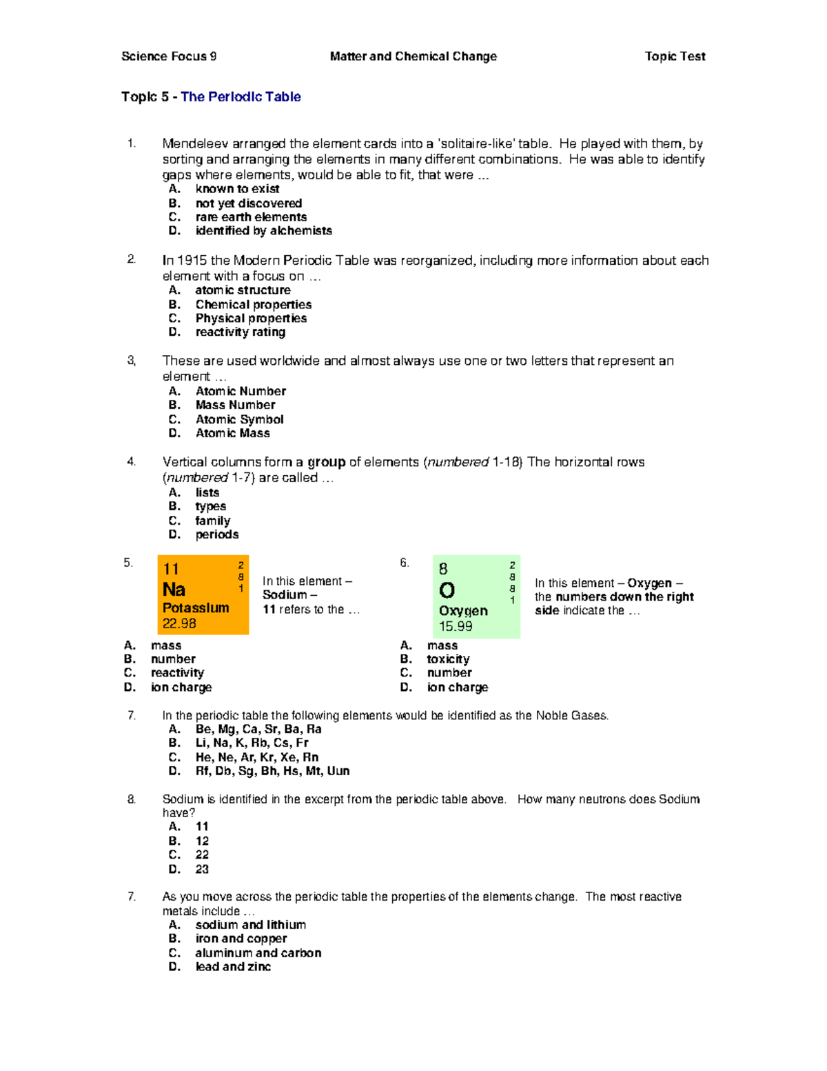 The Periodic Table Practice Test - Studocu