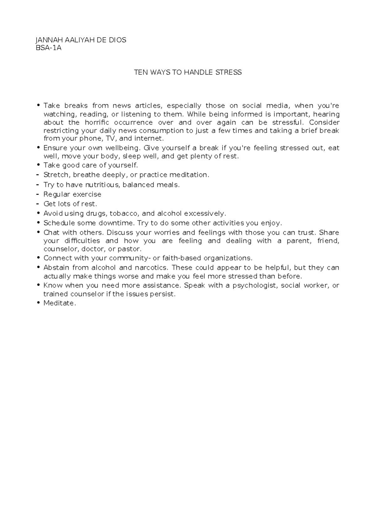 10 Way to Handle Stress - Lecture notes - JANNAH AALIYAH DE DIOS BSA-1A ...