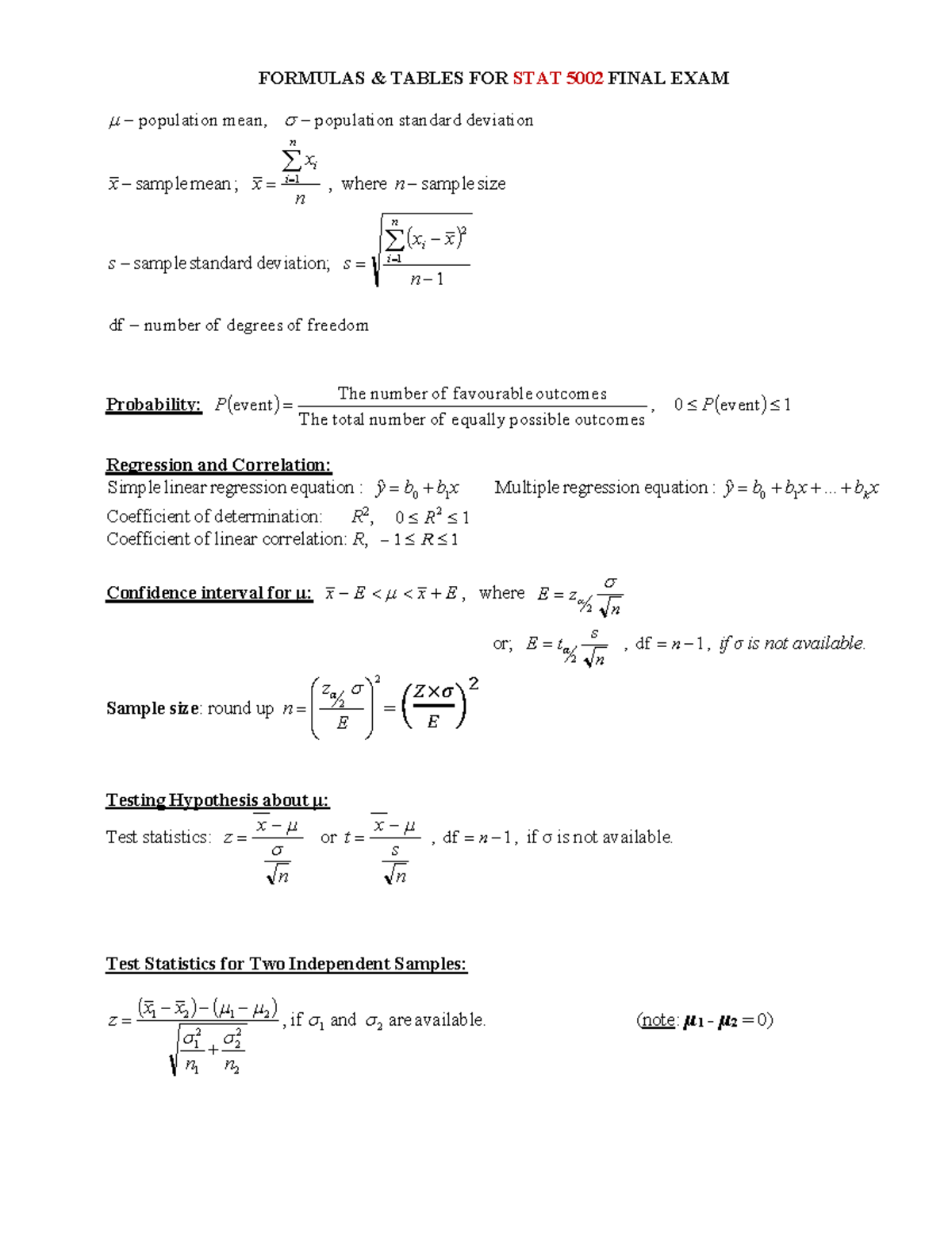 STAT 5002 Final Exam Formulas S21 - FORMULAS & TABLES FOR STAT 5002 ...