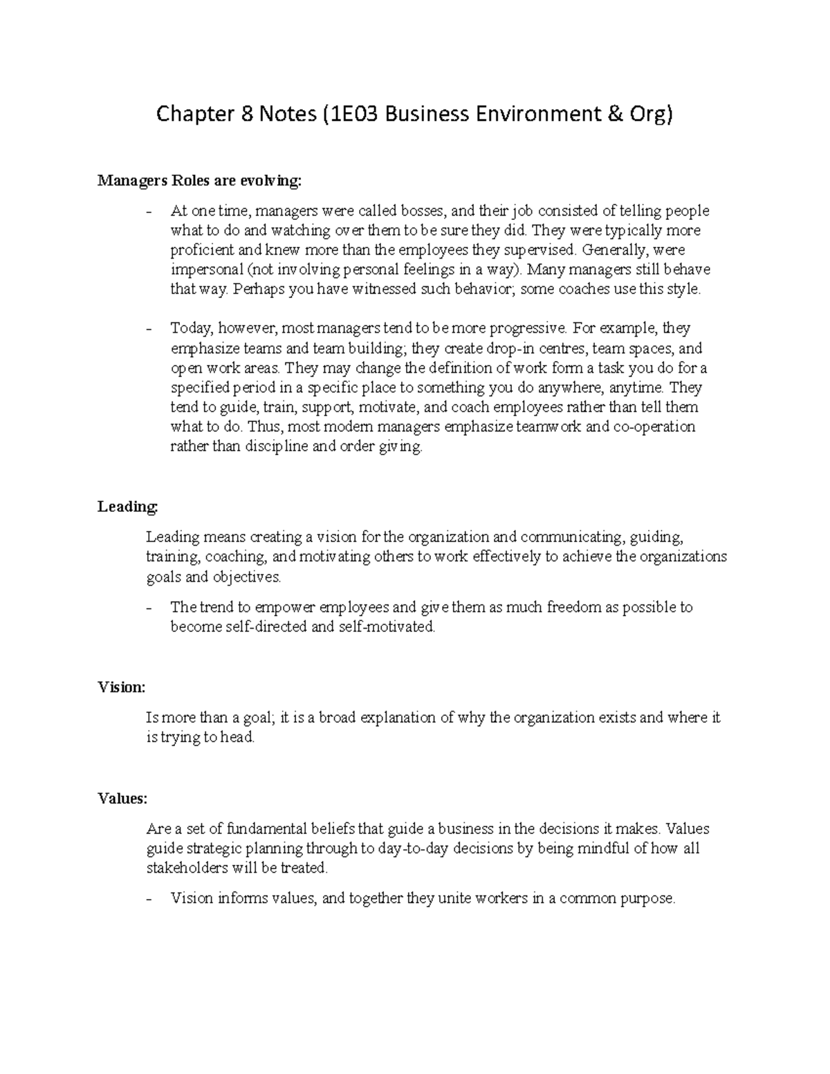 Chapter 8 Notes (1E03 Business Environment and Org) - Chapter 8 Notes ...