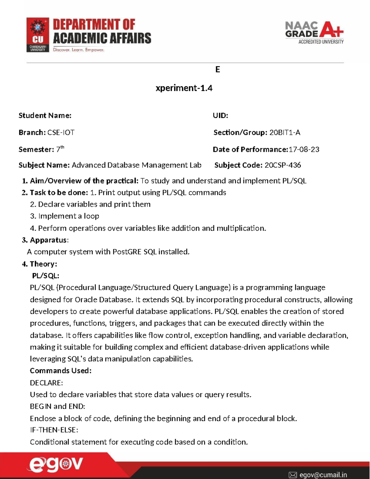 1.4 adms - experiment - E xperiment-1. Student Name: UID: Branch: CSE-IOT Section/Group: 20BIT1 ...