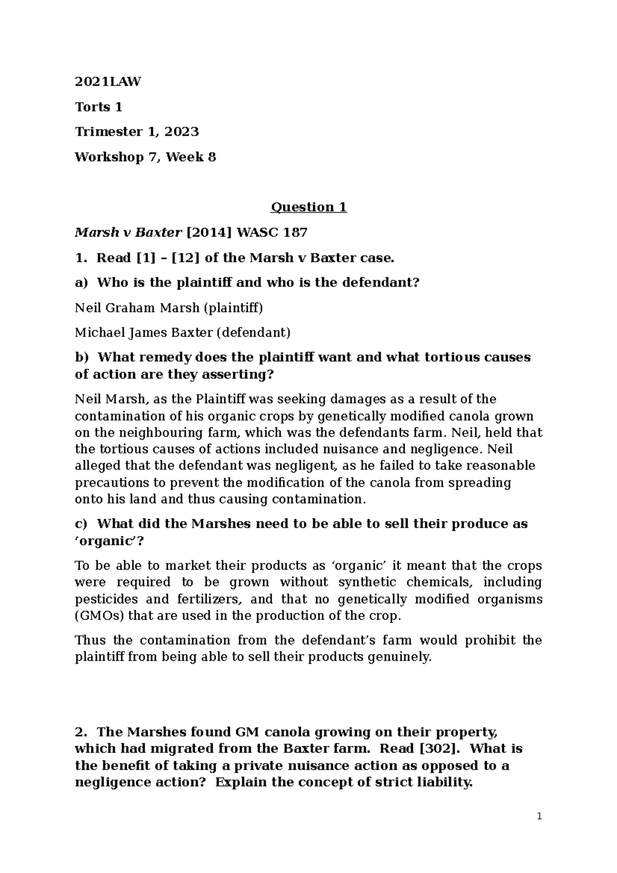 Week 8 Workshop 7 - Holistic Assessment - 2021LAW Torts 1 Trimester 1, 2023 Workshop 7, Week 8 ...