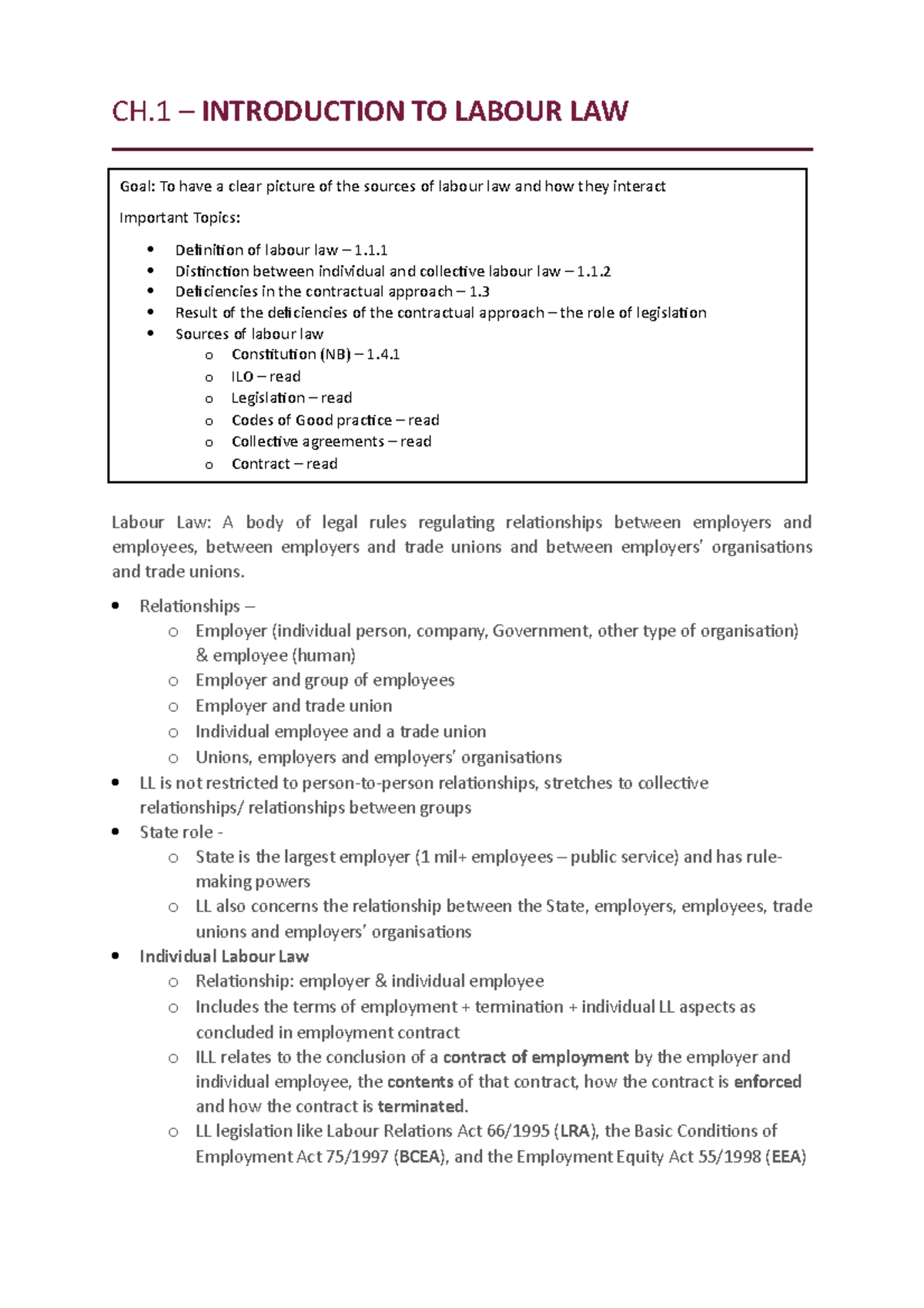 Topic 1 - Introduction to Labour Law - 311 - SUN - Studocu