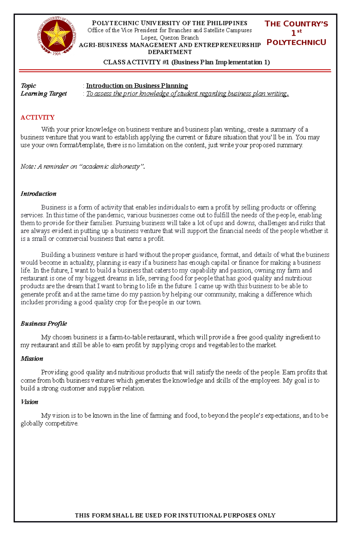 Class Activity 1 - Introduction on Business Planning - CLASS ACTIVITY ...