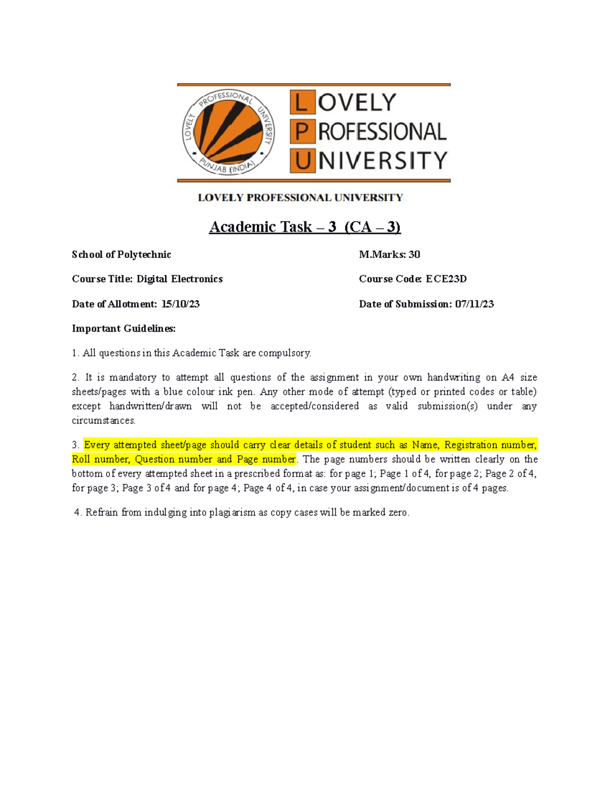 CA3 Assignment SET 2 - Academic Task – 3 (CA – 3 ) School of Polytechnic M: 30 Course Title ...