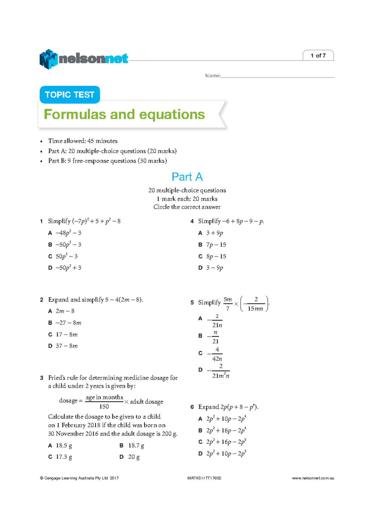 Formulas and Equations topic test - Name: Formulas and equations • Time ...