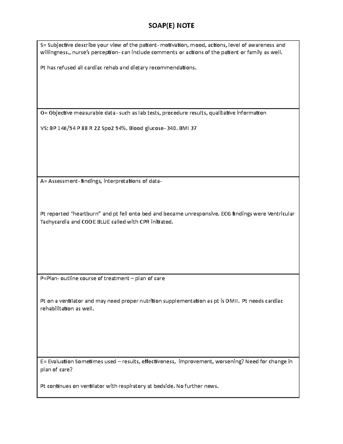 Soape note Lyles-bdimickele - SOAP(E) NOTE S= Subjecive describe your ...