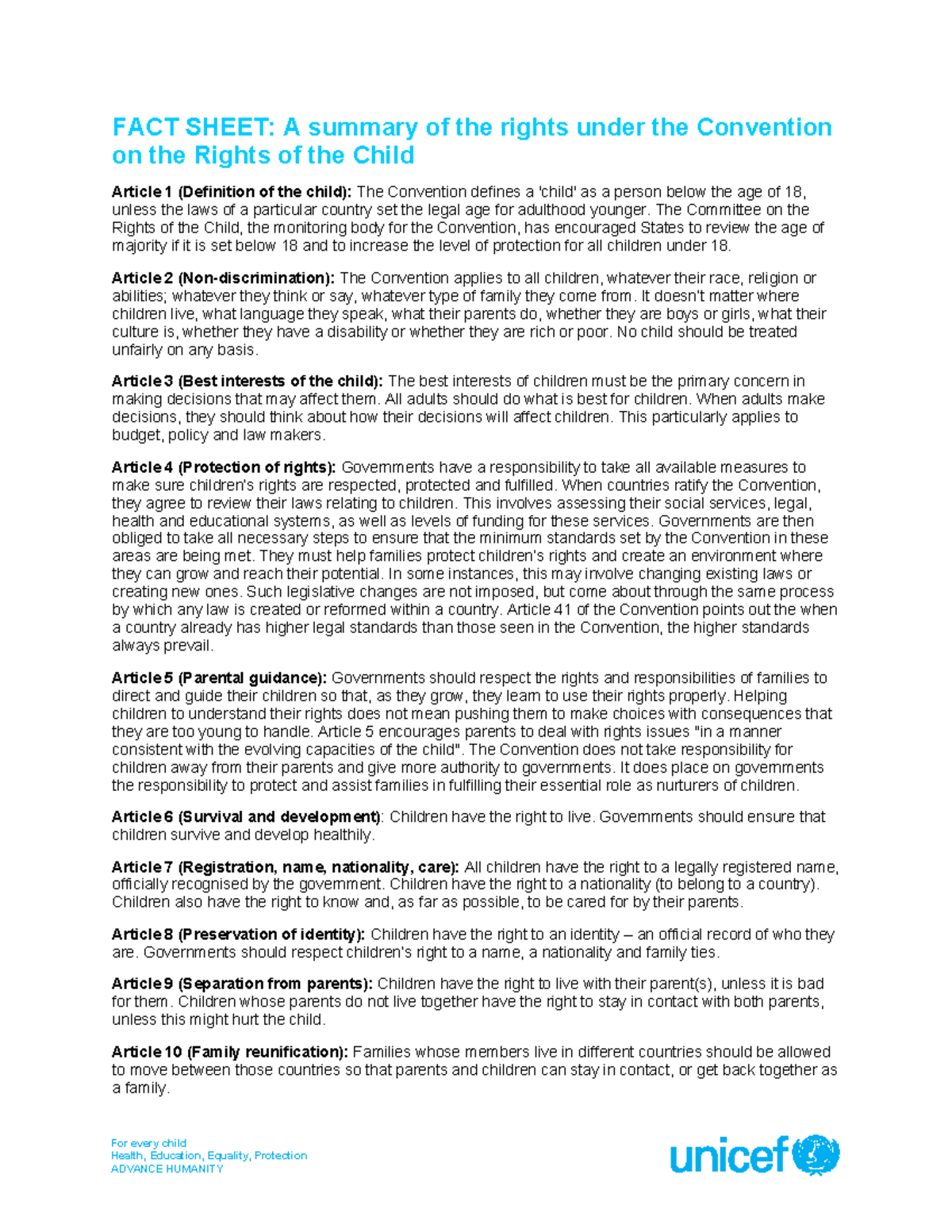 Uncrc overview Rights overview - FACT SHEET: A summary of the rights ...