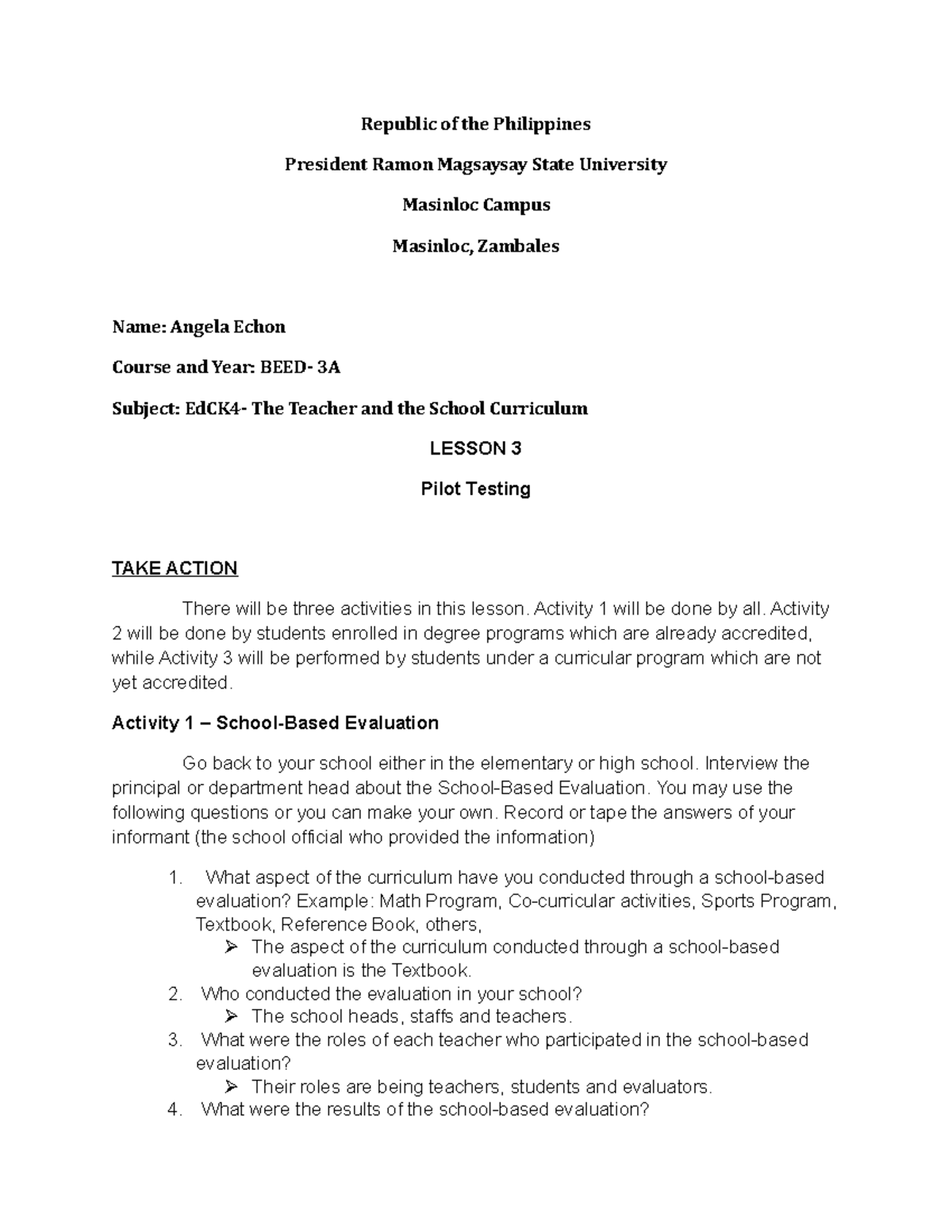 Echon Angela BEED 3A Curriculum - Republic of the Philippines President ...