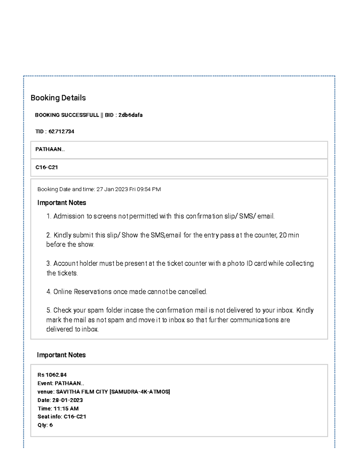 Savitha FILM CITY-Success Fully Booked - Booking Details BOOKING ...