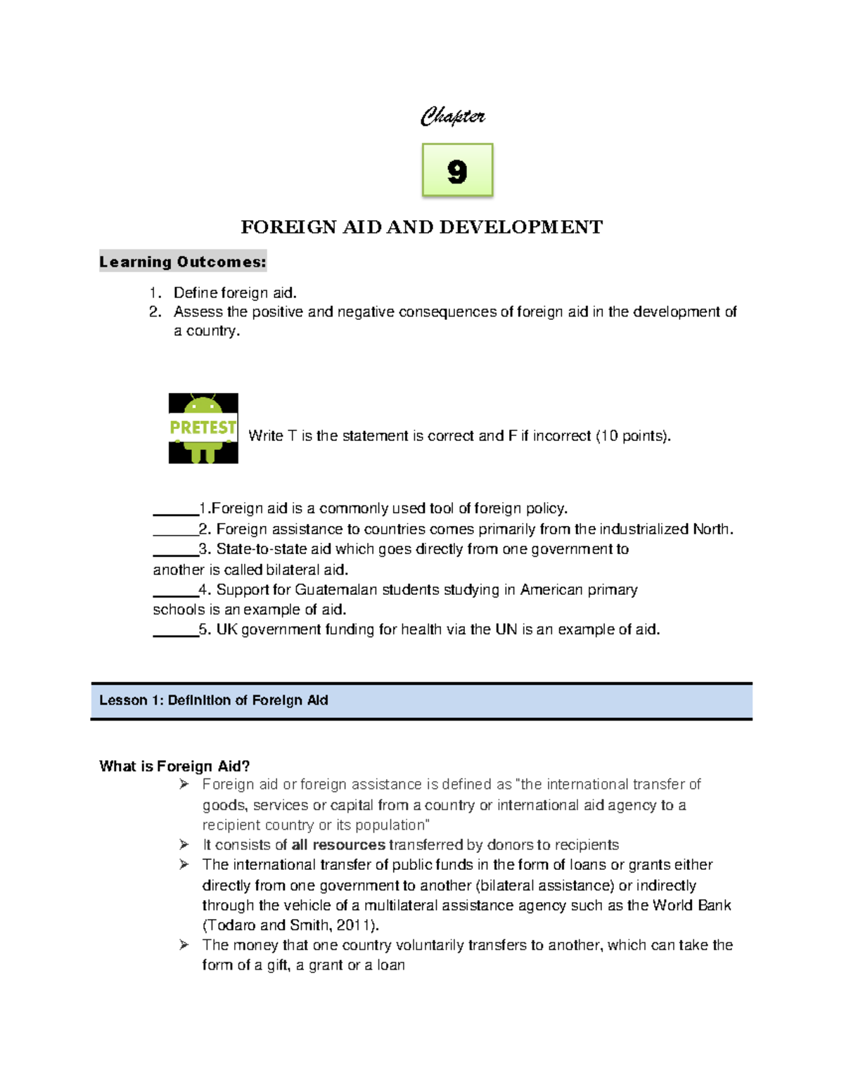 Chapter 9 Foreign aid - Chapter FOREIGN AID AND DEVELOPMENT Learning ...
