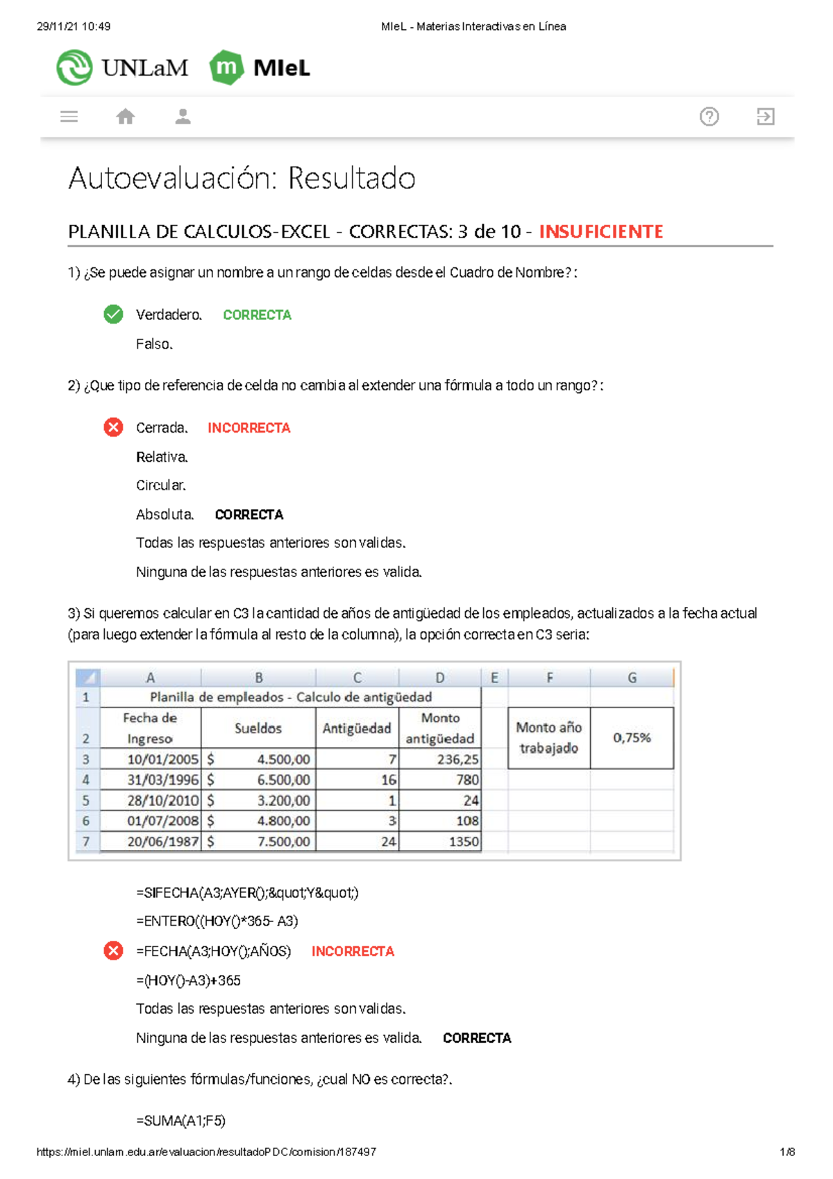 Unlam - Autoevaluacion - Computacion 1 - Autoevaluación: Resultado PLANILLA DE CALCULOS-EXCEL ...