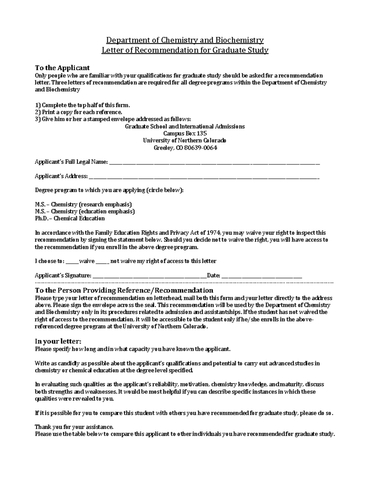 Letter of recommendation form - Department of Chemistry and ...