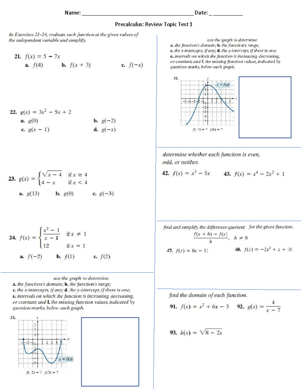 Review Topic Test 1 Functiona and their Graphs - Name: Date ...