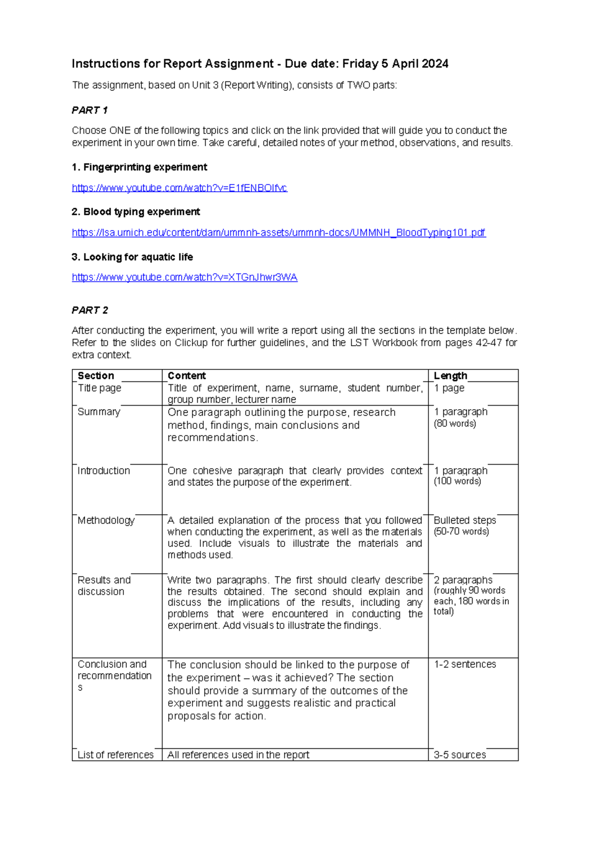 2024 LST 110 Instructions for Report Writing assignment - Instructions for Report Assignment ...