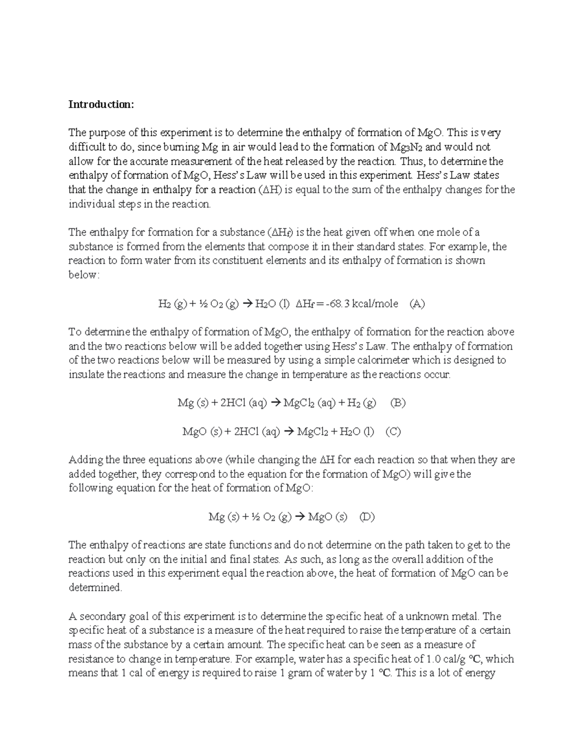 Heat of Formation MgO Report - Introduction: The purpose of this ...