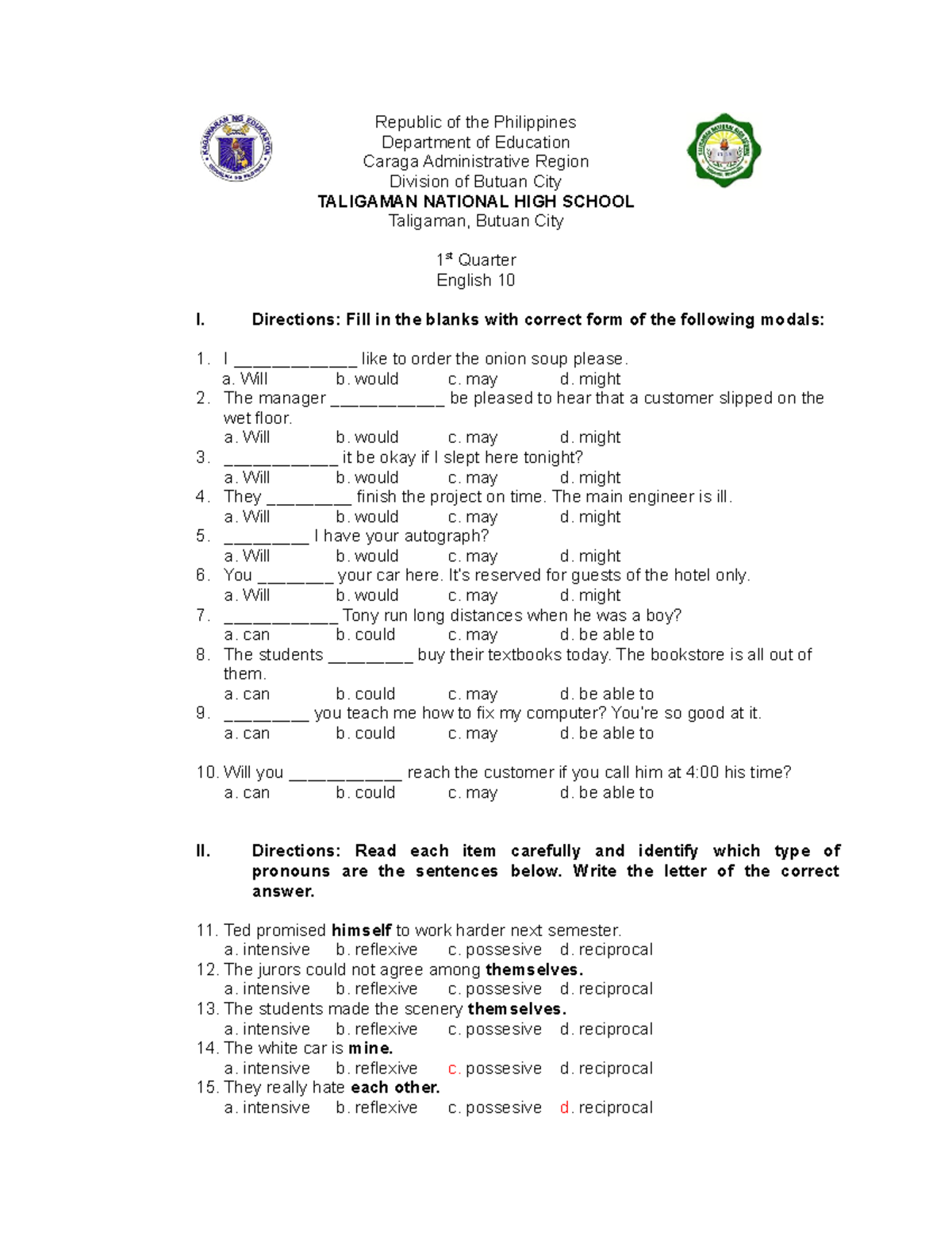 1st Q TQ - for practice teaching - Republic of the Philippines ...