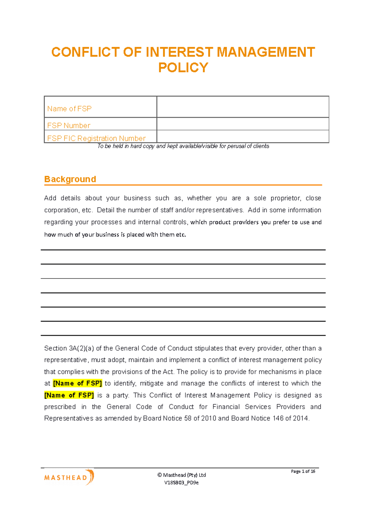 COI Management Policy V18SB03 - CONFLICT OF INTEREST MANAGEMENT POLICY Name of FSP FSP Number ...