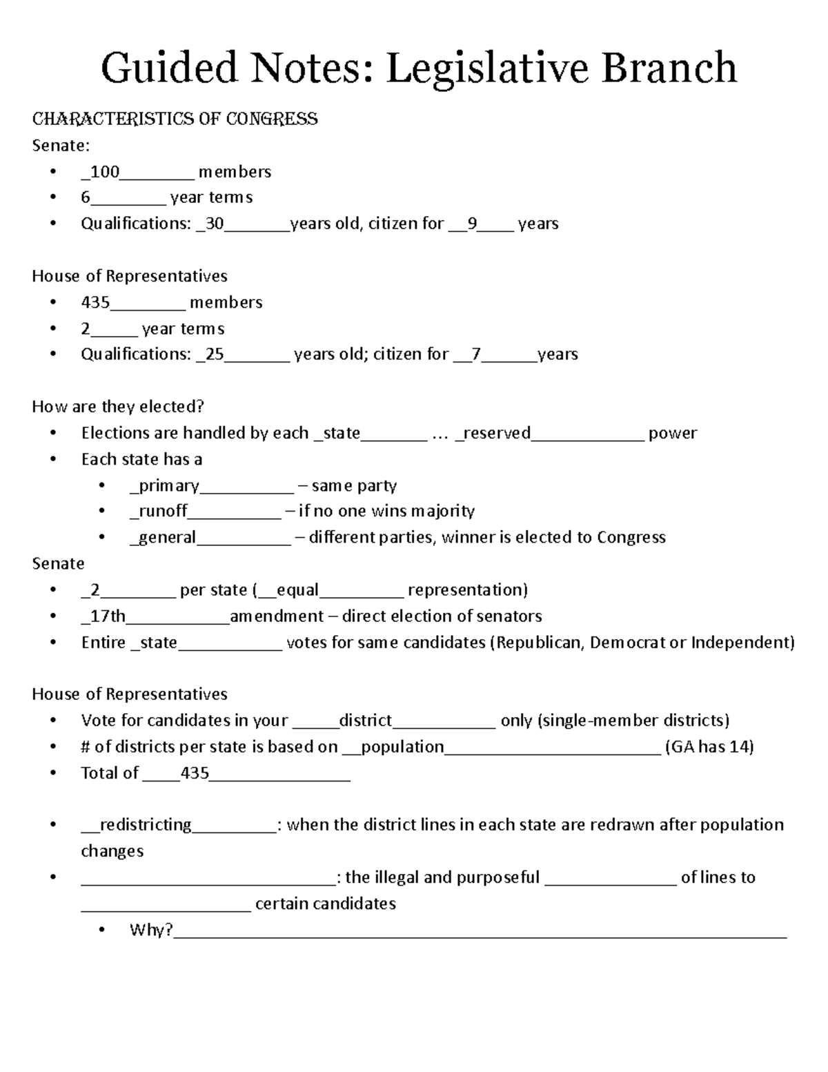 Copy of Copy of Legislative Branch - Guided Notes: Legislative Branch ...