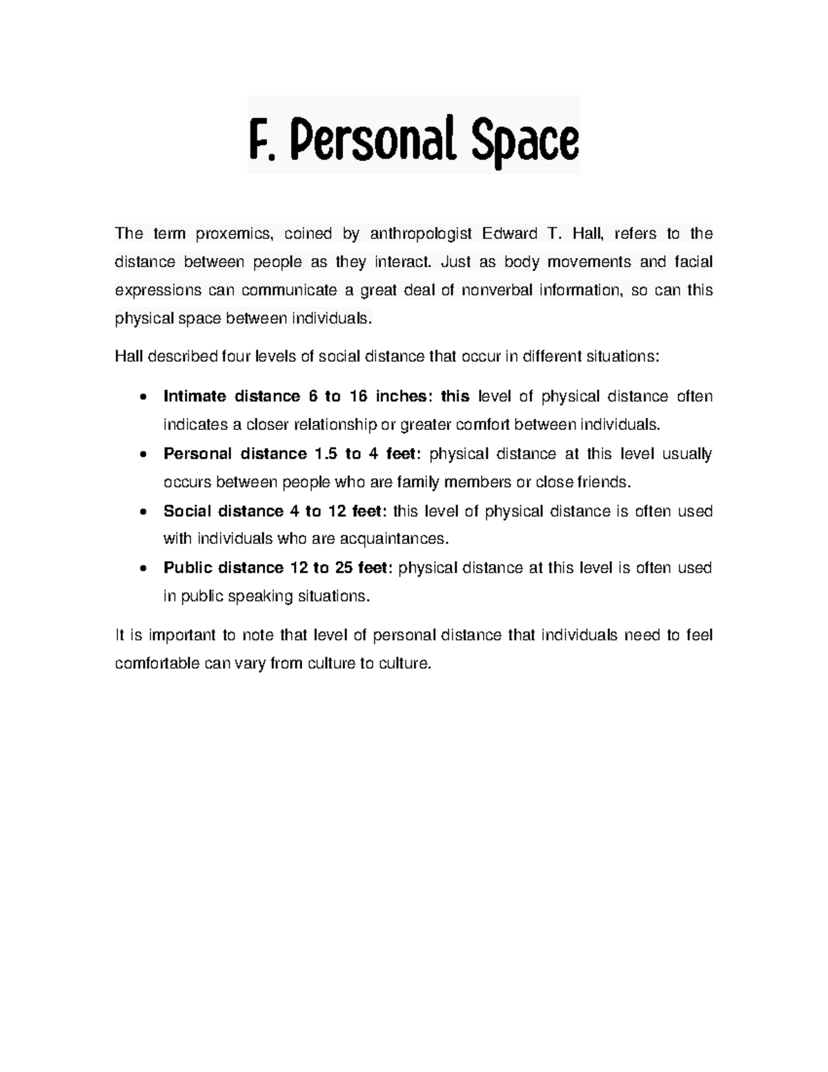 Ingles - F. Personal Space The term proxemics, coined by anthropologist ...