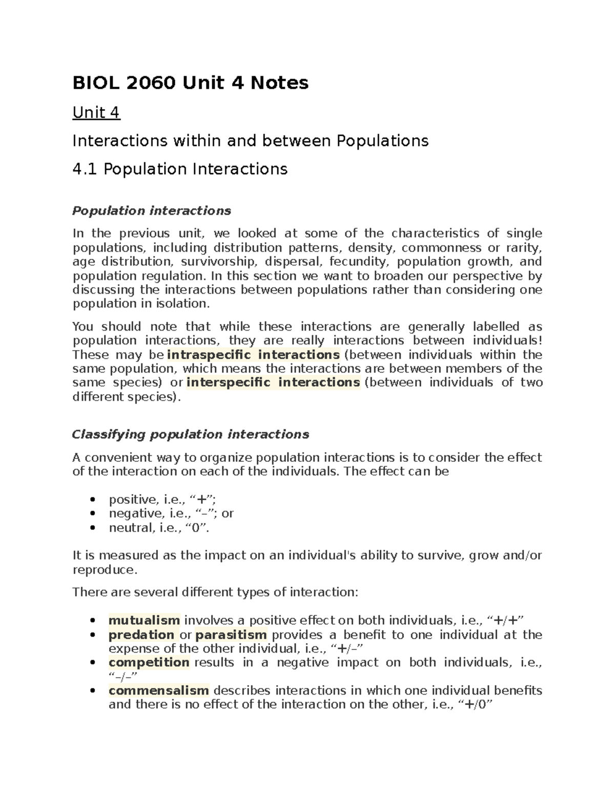 BIOL 2060 Unit 4 Notes - BIOL 2060 Unit 4 Notes Unit 4 Interactions ...