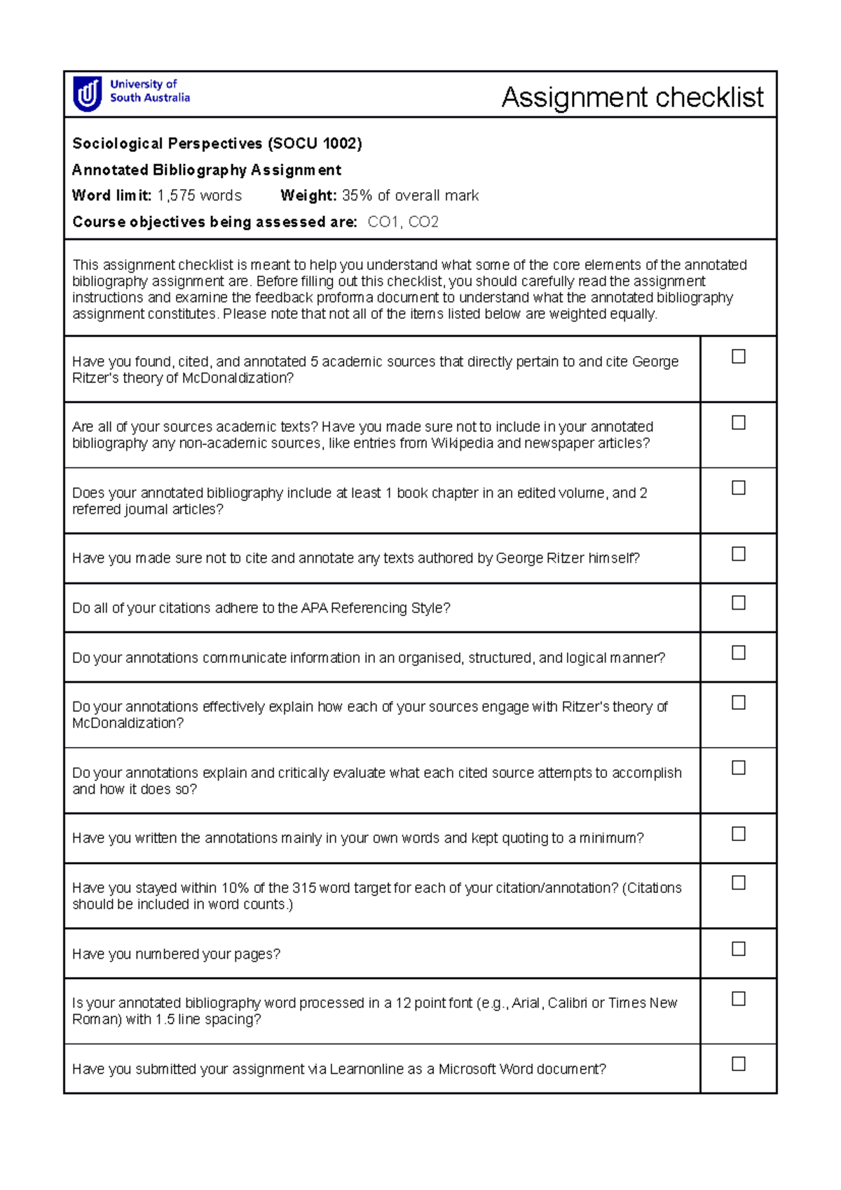 SOCU 1002 Annotated Bibliography Checklist - Assignment checklist ...