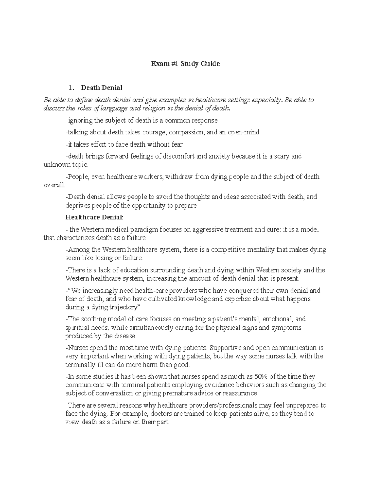 Exam #1 Study Guide - Exam #1 Study Guide Death Denial Be able to ...