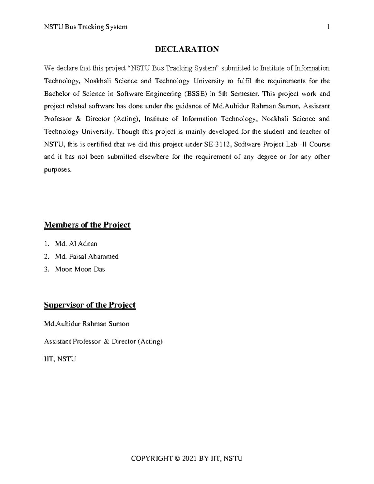 Final Report - DECLARATION We declare that this project “NSTU Bus ...