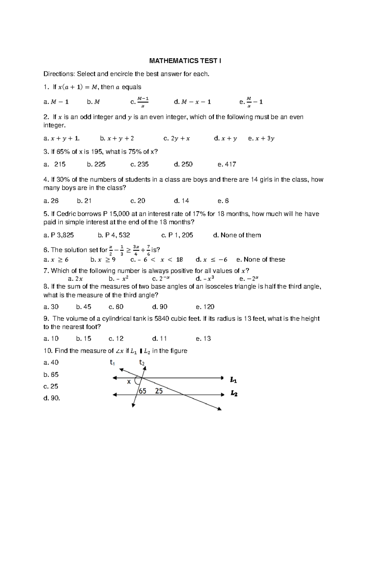 Math-part-1 - PISA Review - MATHEMATICS TEST I Directions: Select and ...