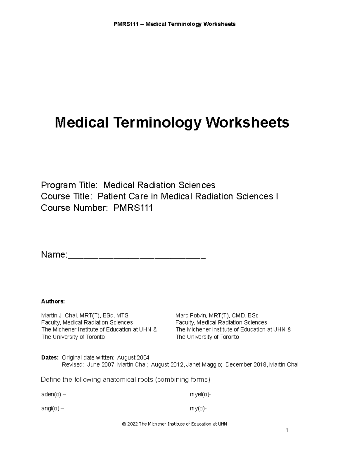 W1- Medical Terminology Worksheets- 2022 - Medical Terminology ...
