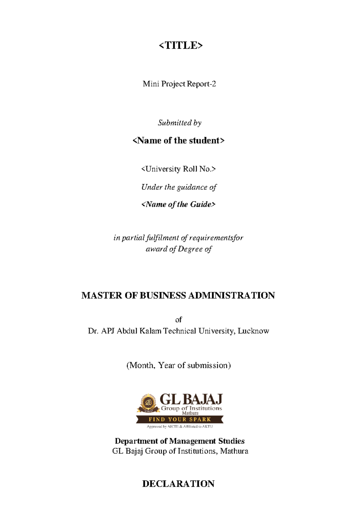 MBA Mini Project Report Format - Mini Project Report- 2 Submitted by