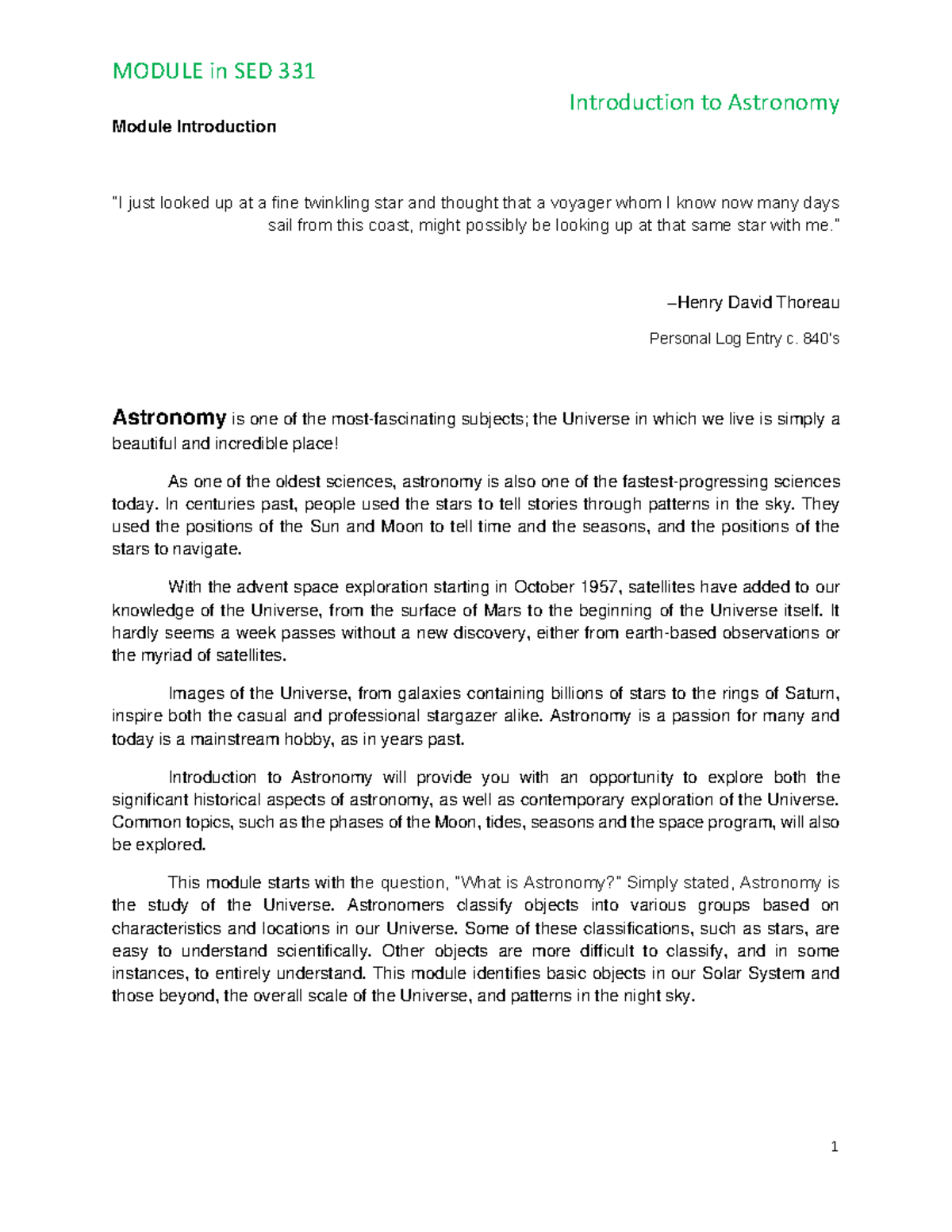 Module 1 Introduction to Astronomy - Introduction to Astronomy Module Introduction