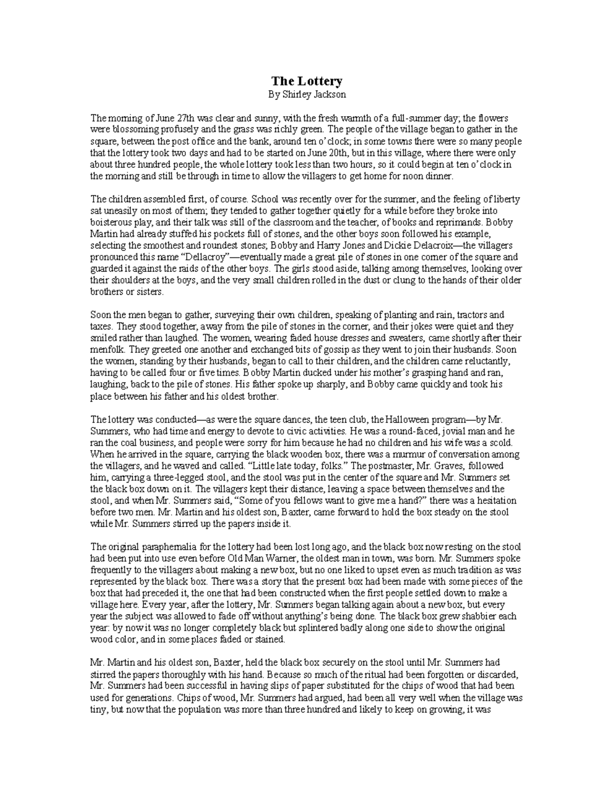 The Lottery - The Lottery By Shirley Jackson The morning of June 27th ...