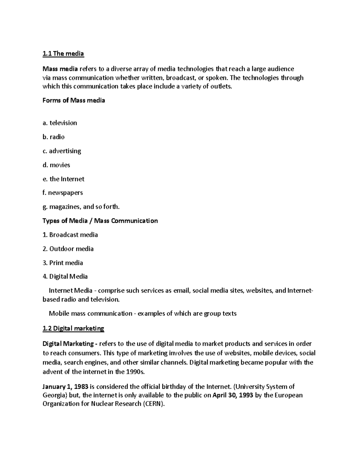 Direct and Database Marketing - 1 The media Mass media refers to a ...