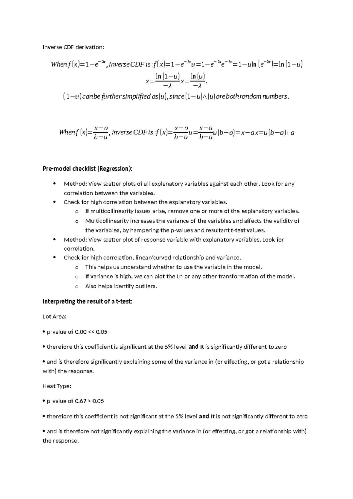 BA Cheat Sheet - Inverse CDF derivation: When f ( x ) = 1 −e − λx ...
