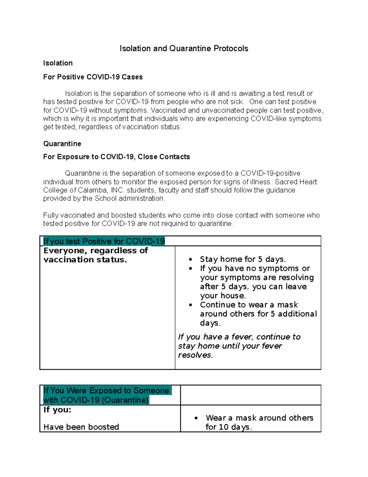Isolation and Quarantine Protocols - Isolation and Quarantine Protocols ...