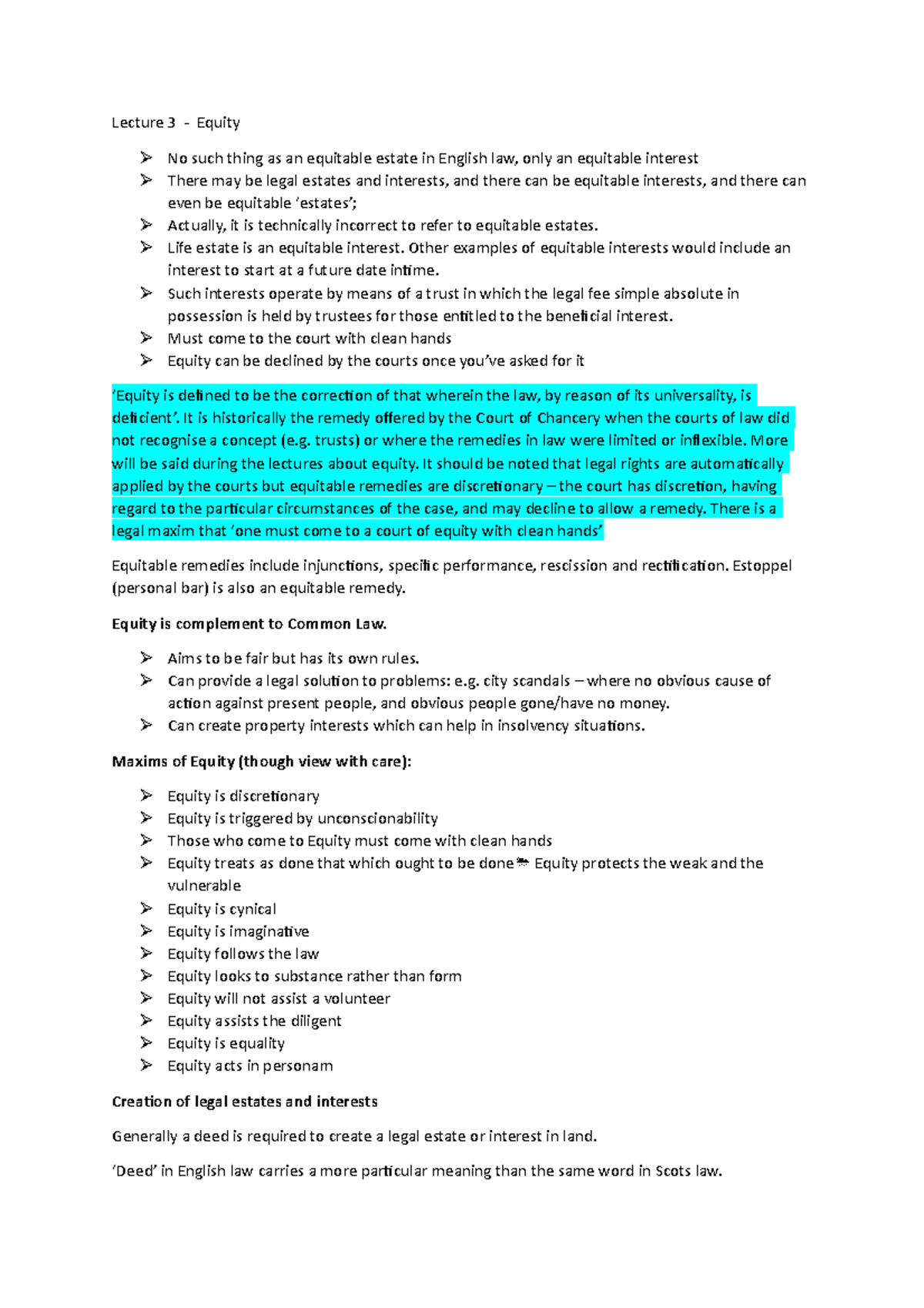 Lecture 3 - Lecture 3 - Equity No such thing as an equitable estate in ...