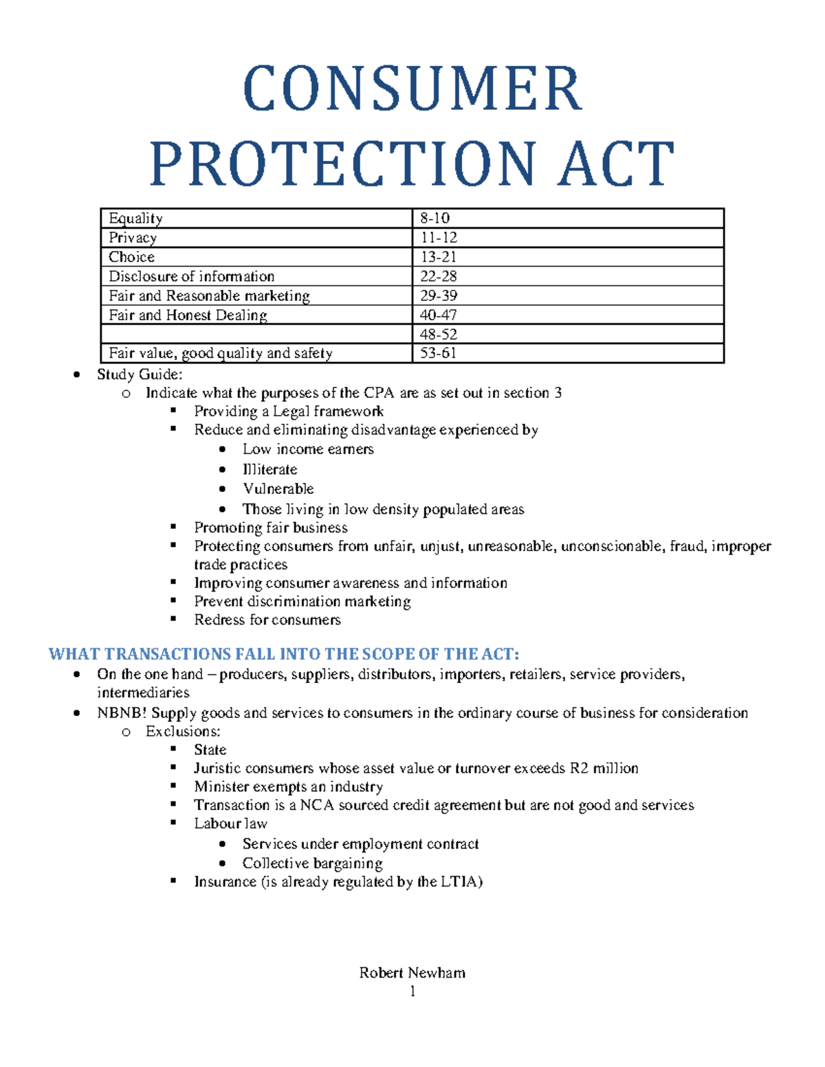 Units 4- 10 - study notes - Robert Newham CONSUMER PROTECTION ACT ...