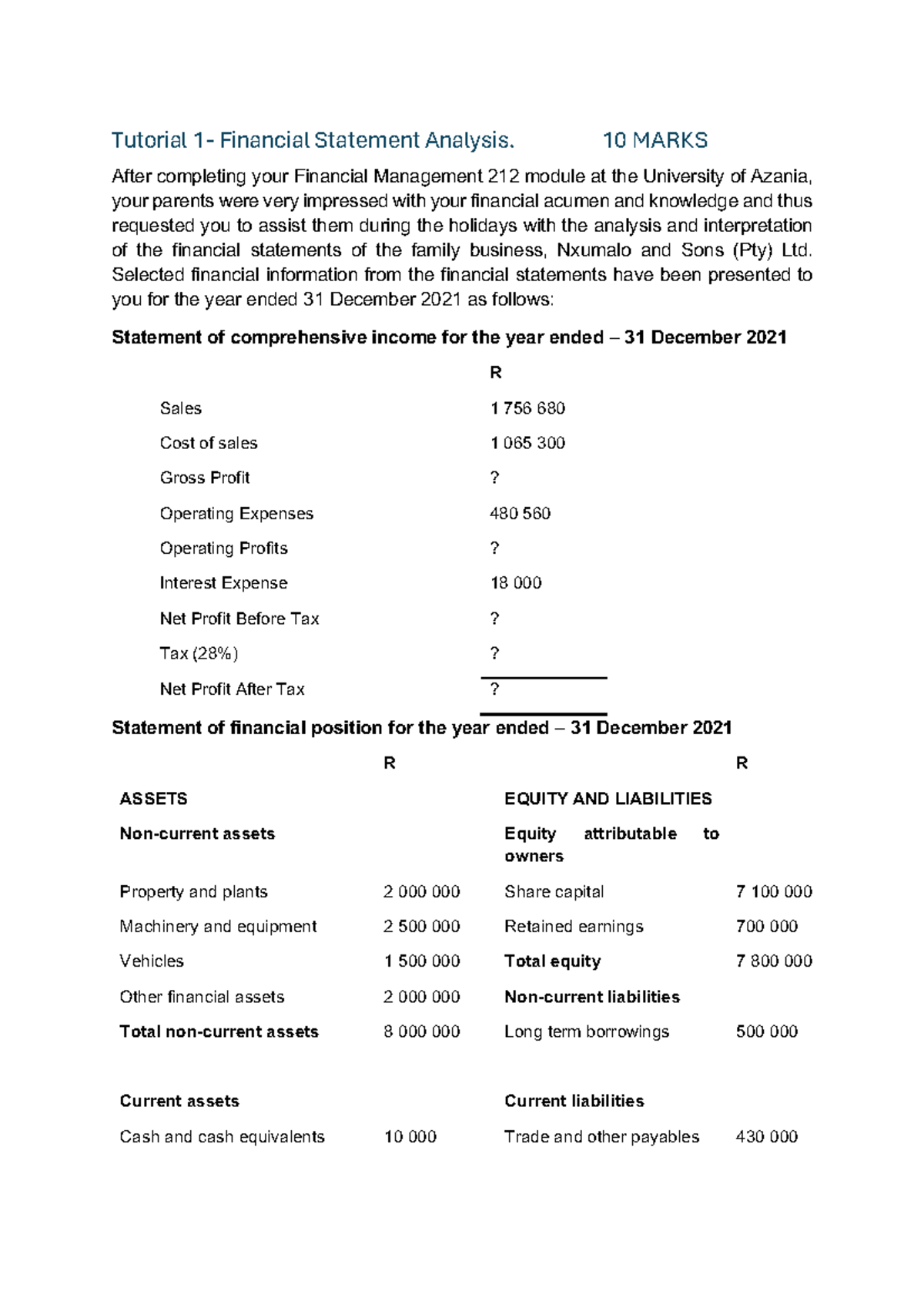 Tutorial 1 - Tut 1 - Tutorial 1- Financial Statement Analysis. 10 MARKS After completing your ...