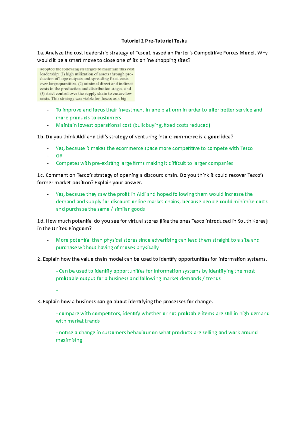 Pre Tutorial 2 - Submission - Tutorial 2 Pre-Tutorial Tasks 1a. Analyze the cost leadership ...