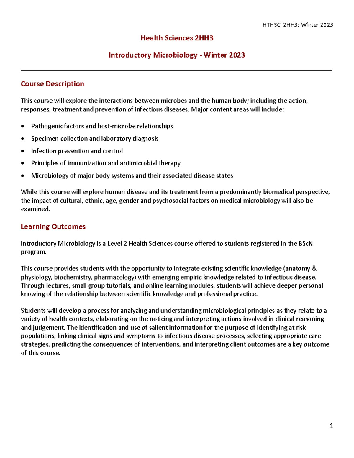 Hthsci 2HH3 Course Outline 20231 - Health Sciences 2HH Introductory ...